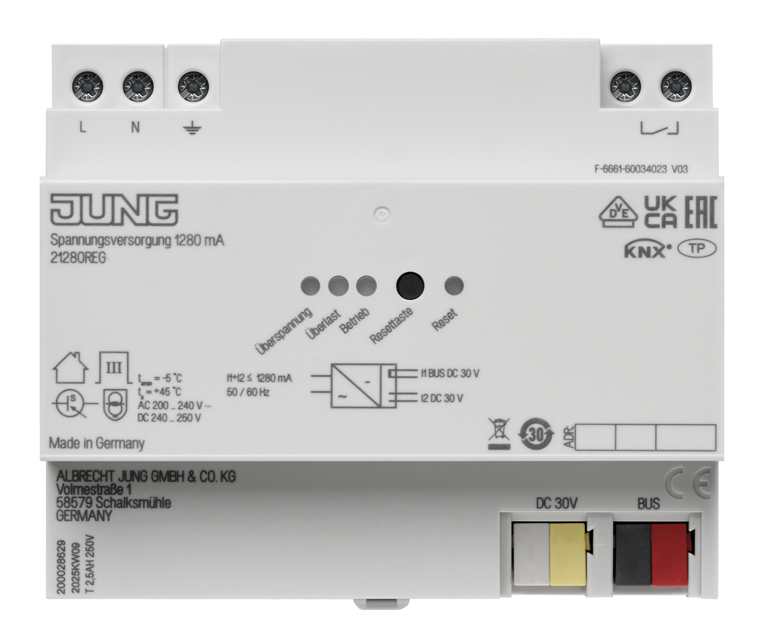 KNX power supply, 1,280 mA, rail mounting device, 6 rail units | 21280 REG