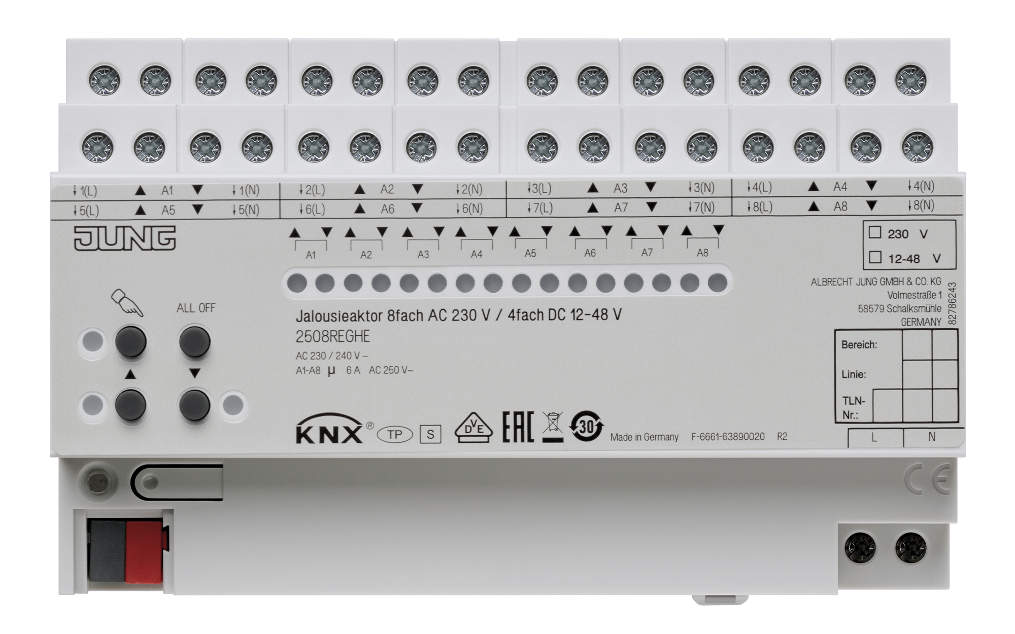 KNX blinds actuator, 8-gang AC 110-230 V, 4-gang DC 12-48 V, rail ...