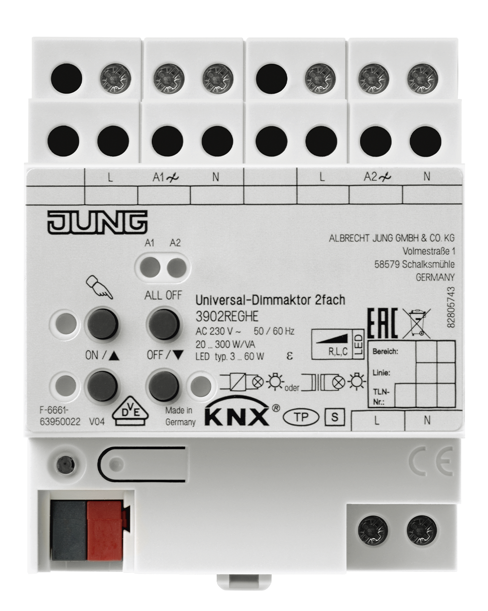 KNX LED universal dimming actuator, 2-gang, rail mounting device, 4 ...