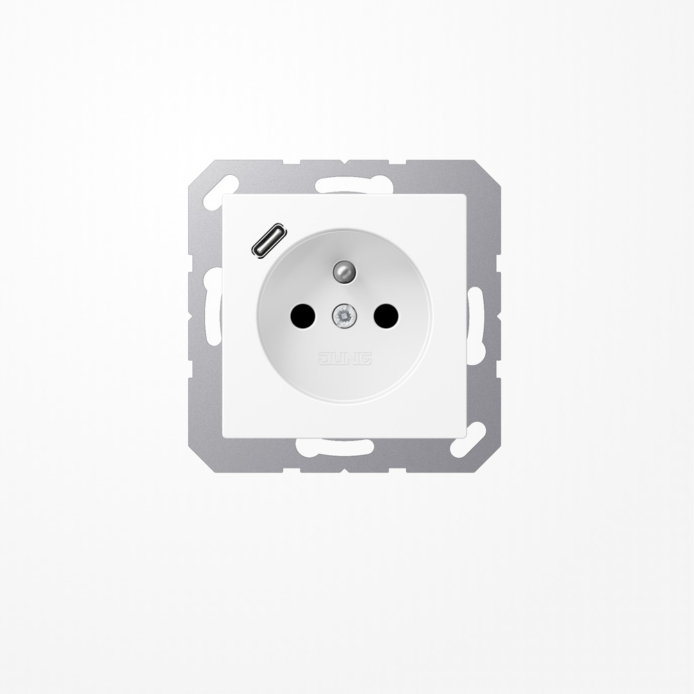 Socket, French/Belgian system with USB charger, Safety+, matt snow ...