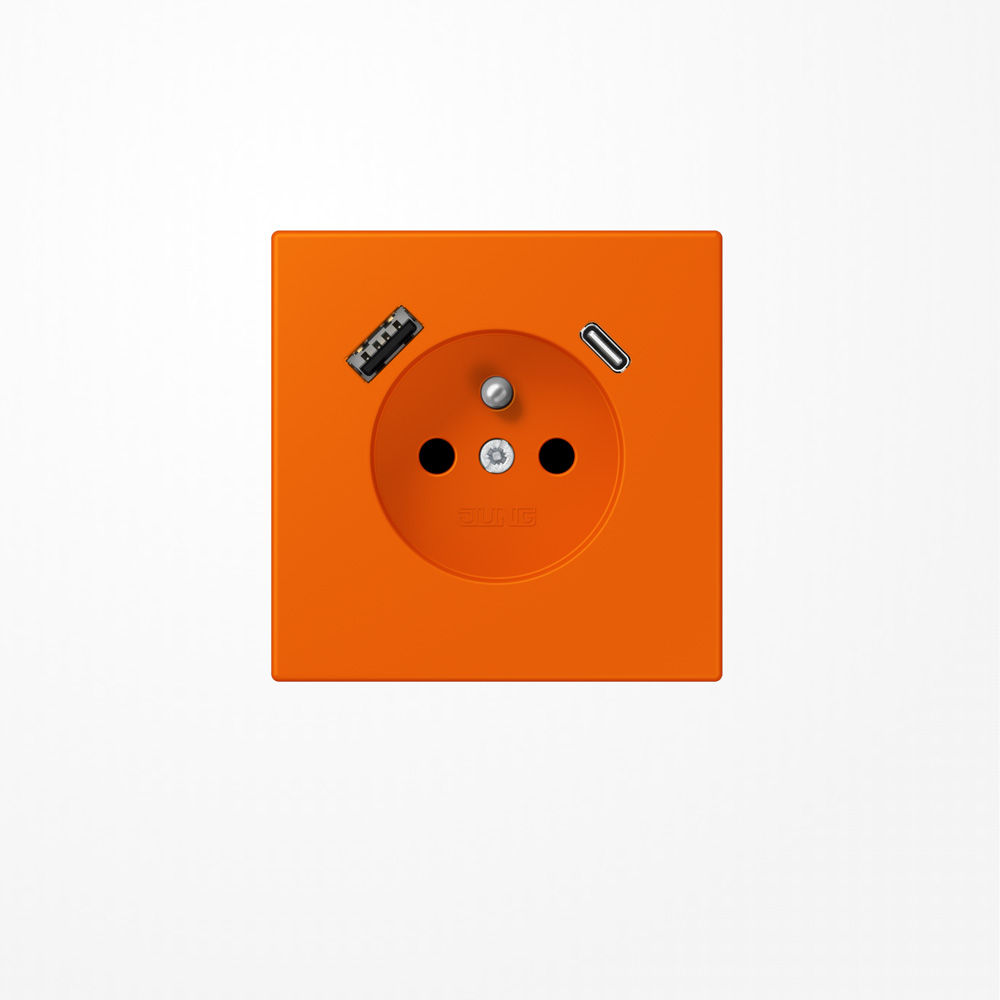 Socket, French/Belgian system with USB charger, Safety+, orange (32080 ...